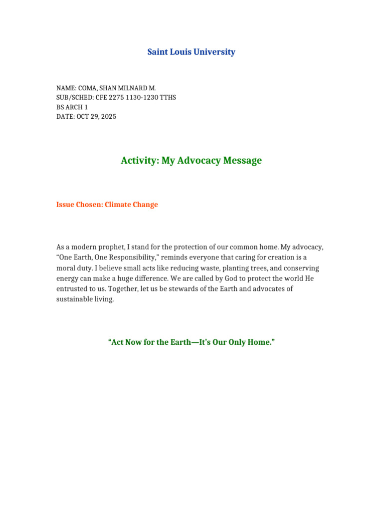 My Advocacy Message Coma Shan Milnard | PDF