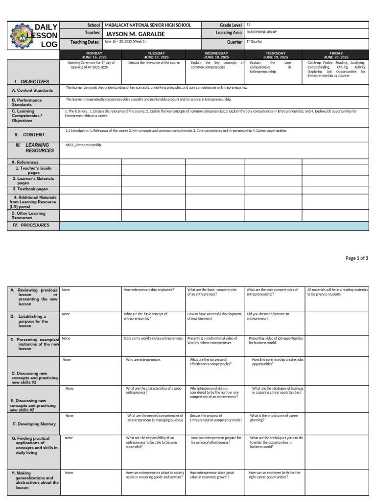 ENTREP - DLL - 01 June 16 To 20 | PDF | Entrepreneurship | Teachers