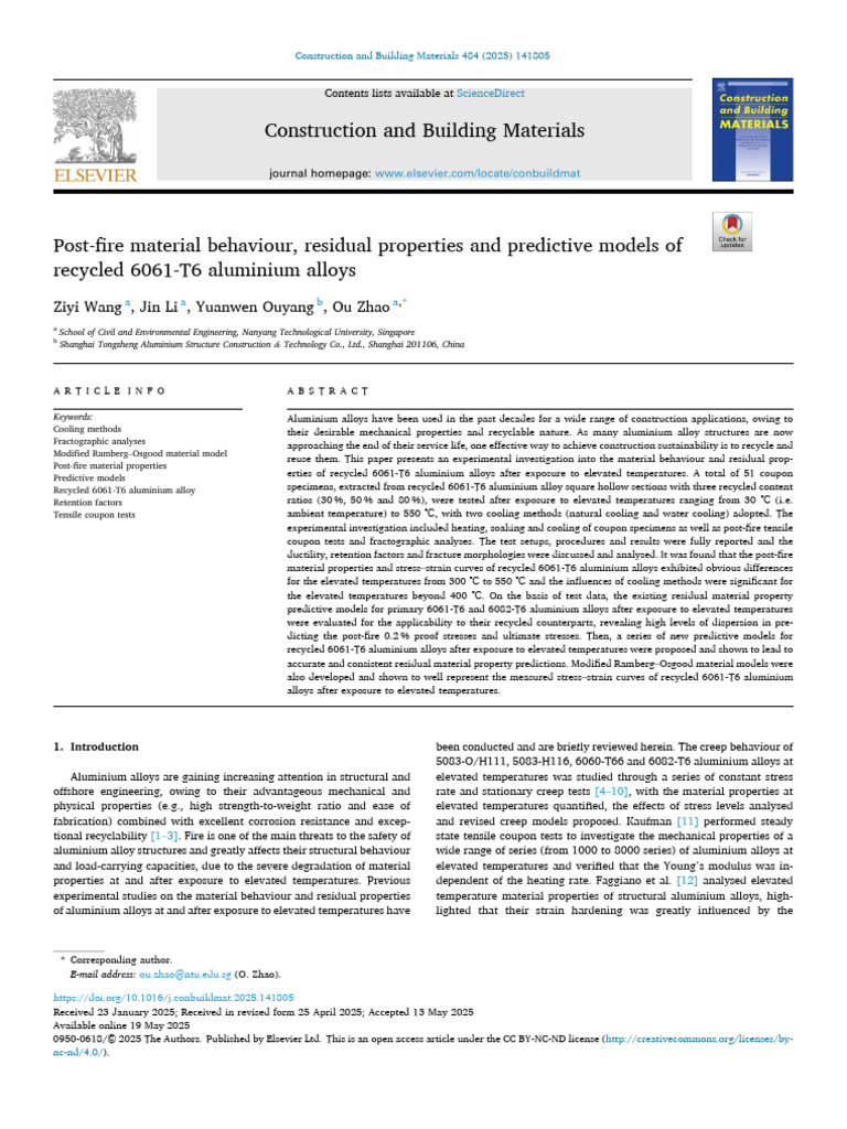 2504 Post Fire Material Behaviour, Residual Properties and Predictive ...