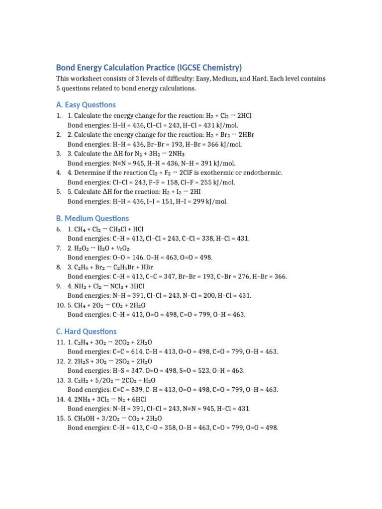 Bond Energy Calculations Worksheet | PDF