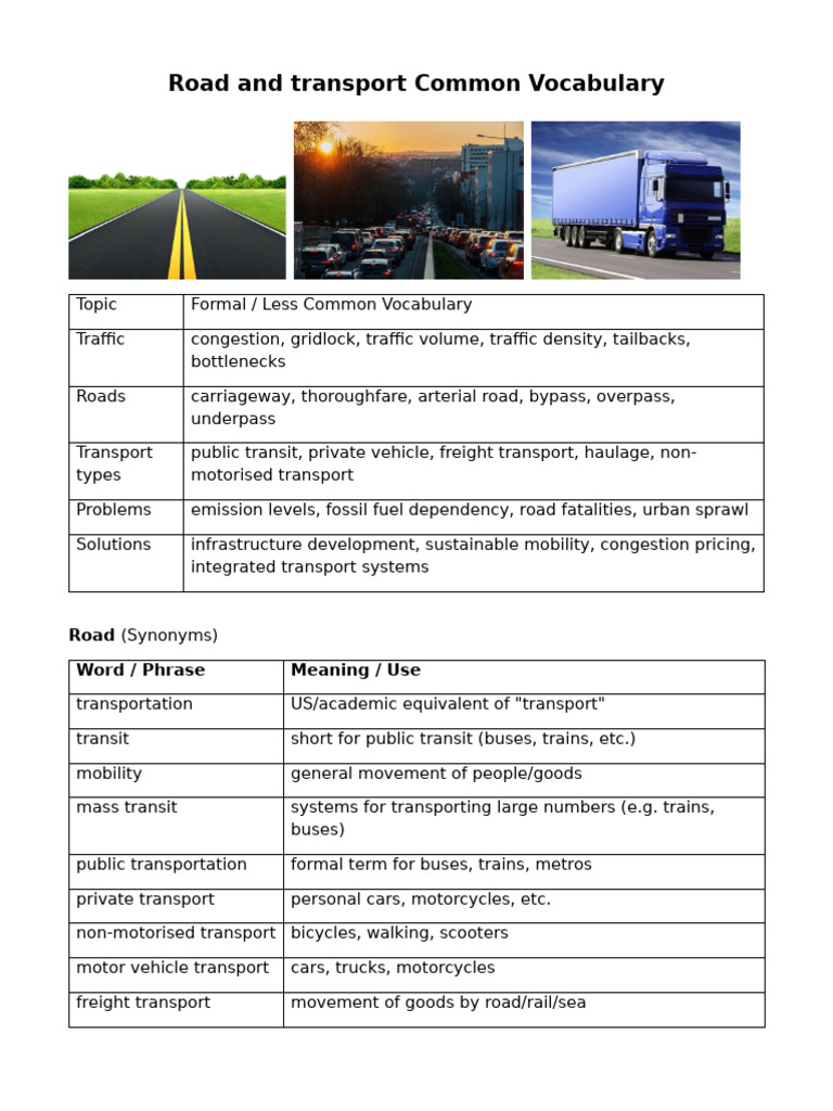 Road Transport Vocabulary Guide | PDF | Transport | Public Transport