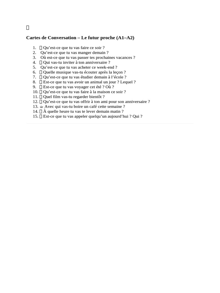 Cartes de conversation : futur proche A1-A2 | PDF