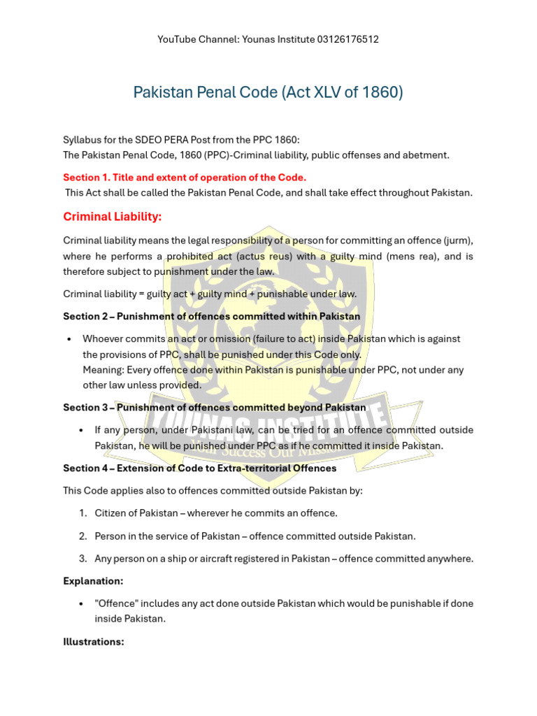 Notes Pakistan Penal Code Younas Institute | PDF | Aiding And Abetting ...