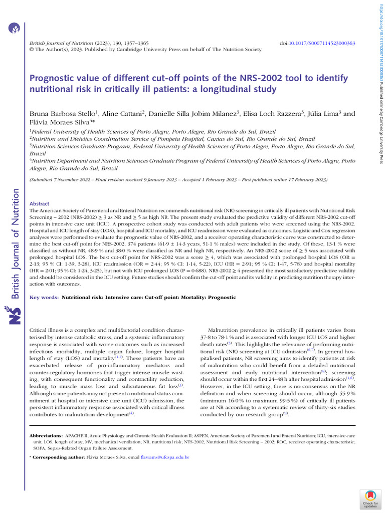 Prognostic Value of Different Cut-Off Points of The NRS-2002 Tool To ...
