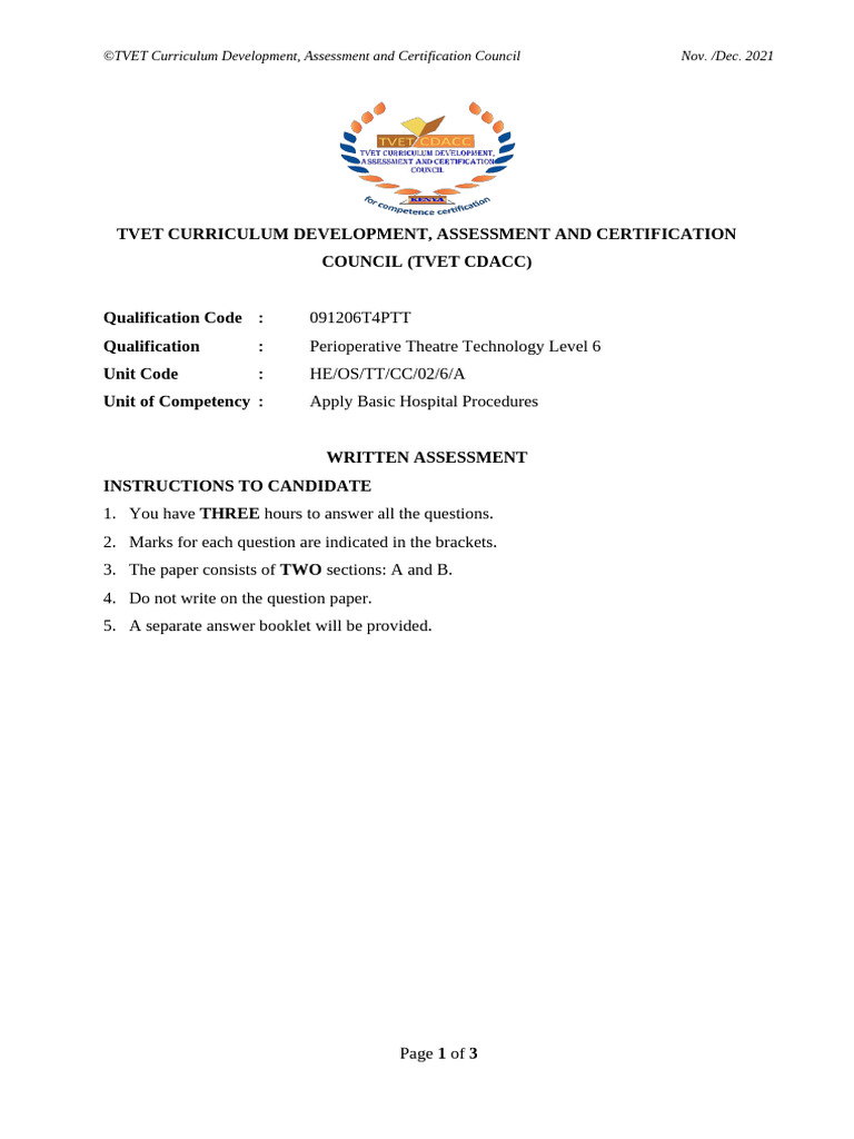Level 6 Hospital Procedures Exam Paper | PDF | Clinical Medicine ...