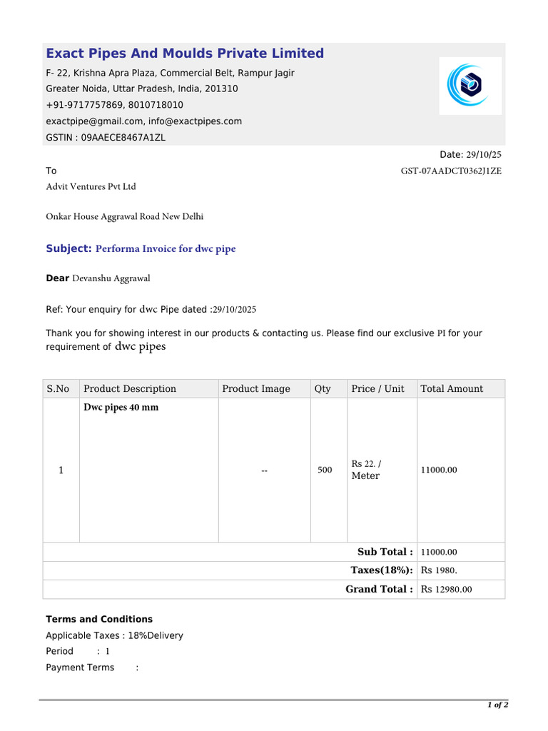 Advit Ventures PVT LTD PI For DWC 2 | PDF