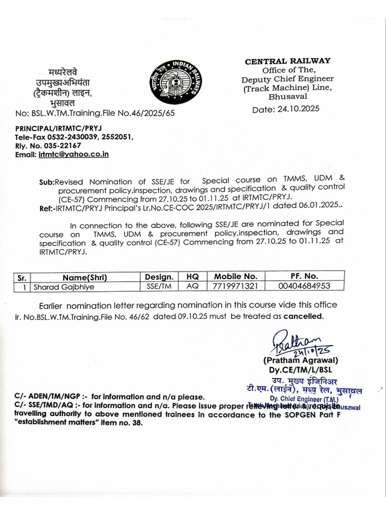 Revised Nomination of SSE JE For Special Course On TMMS, UDM ...