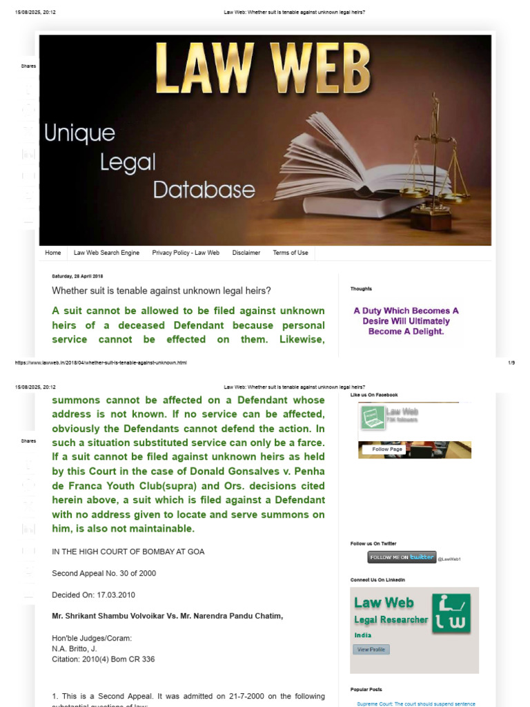 Suit Against Unknown Legal Heirs: Tenability | PDF | Lawsuit | Judgment ...