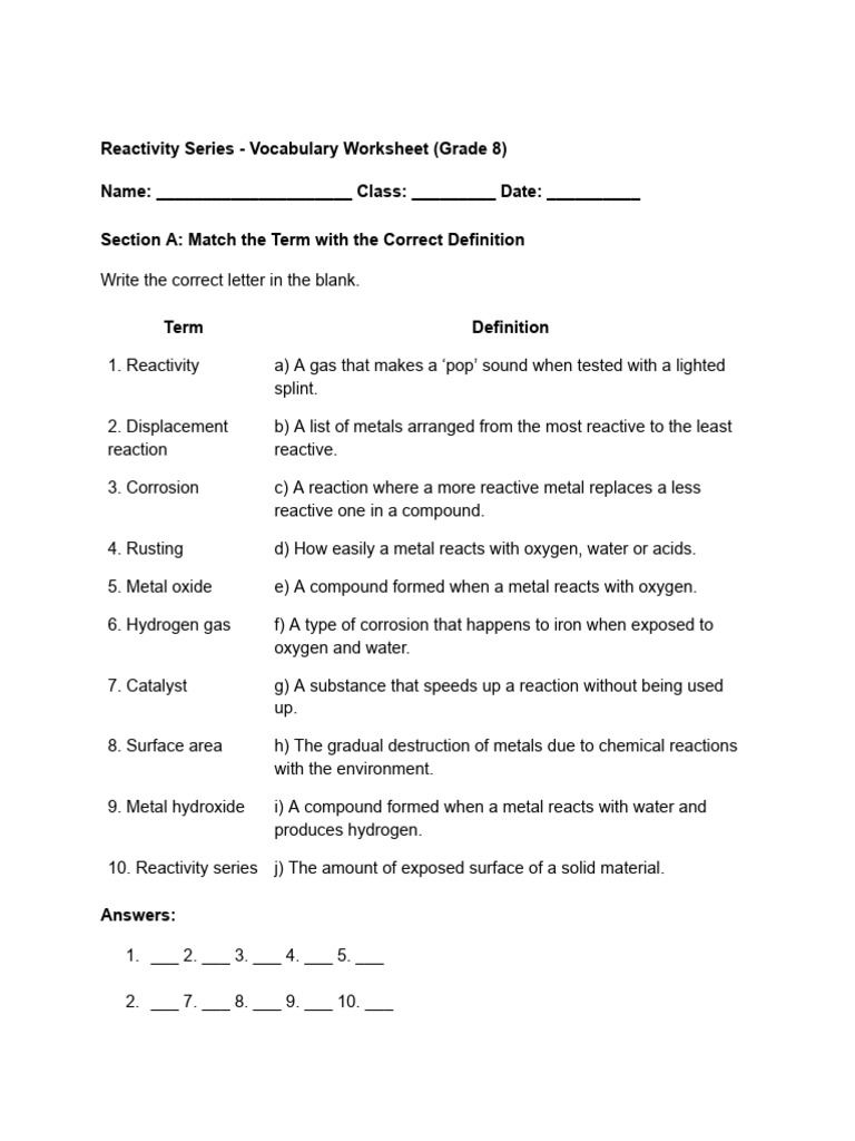 Grade 8 Reactivity Series Worksheet | PDF | Chemical Reactions | Rust