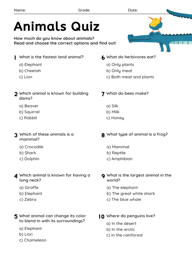 Animals Multiple Choice Quiz Worksheet in Colorful Simple Style | PDF ...