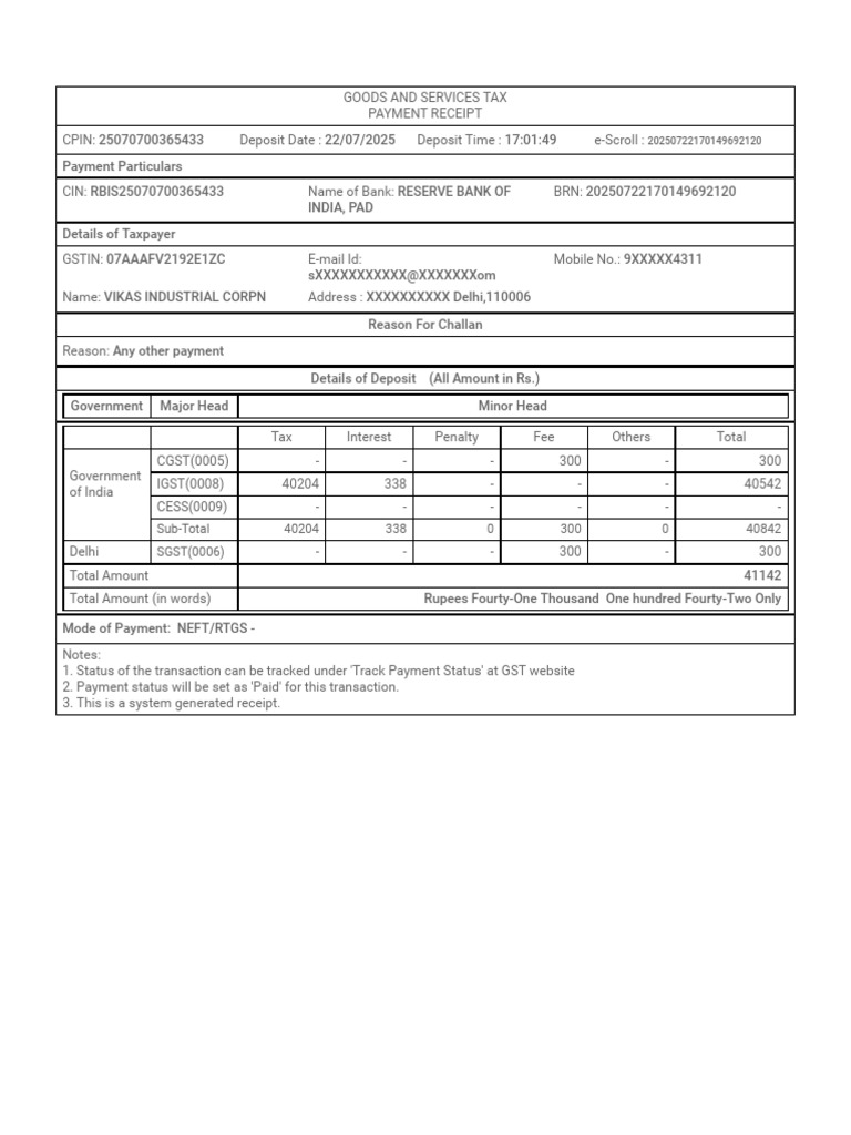 GST Payment Receipt for Vikas Industrial | PDF
