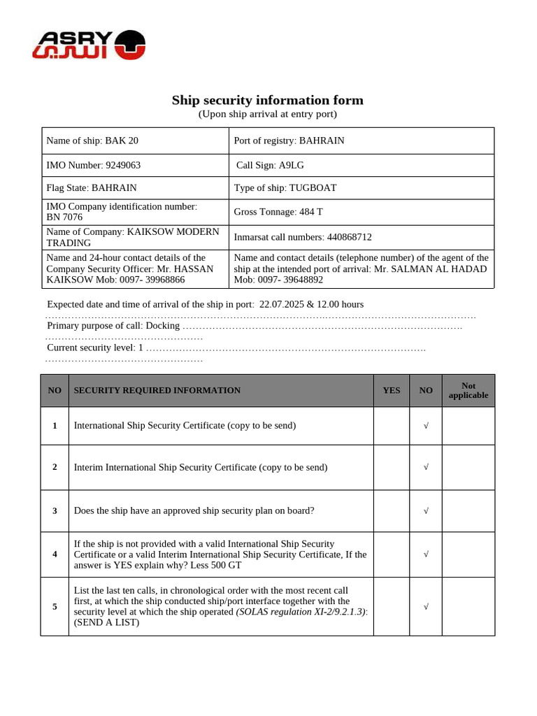 Ship Security Information Form - Port Security Plan - Asry Port ...