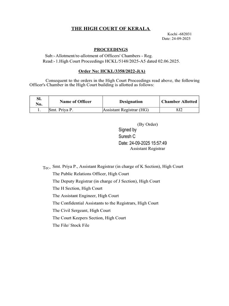 High Court of Kerala Officer Chamber Allotment | PDF