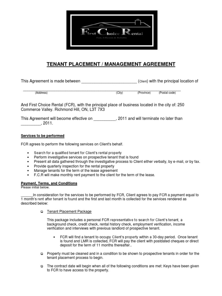 Tenant Placement - Management Agreement | PDF | Leasehold Estate | Lease
