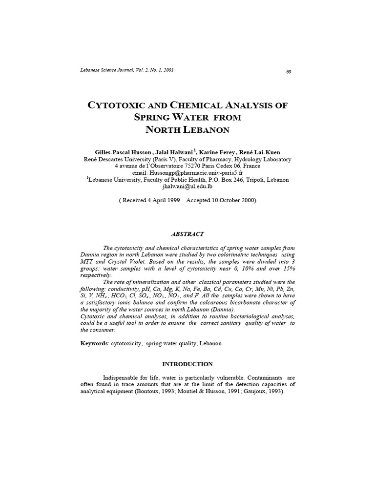 Cytotoxic and Chemical Analysis of Spring Water From North Lebanon-2001 ...