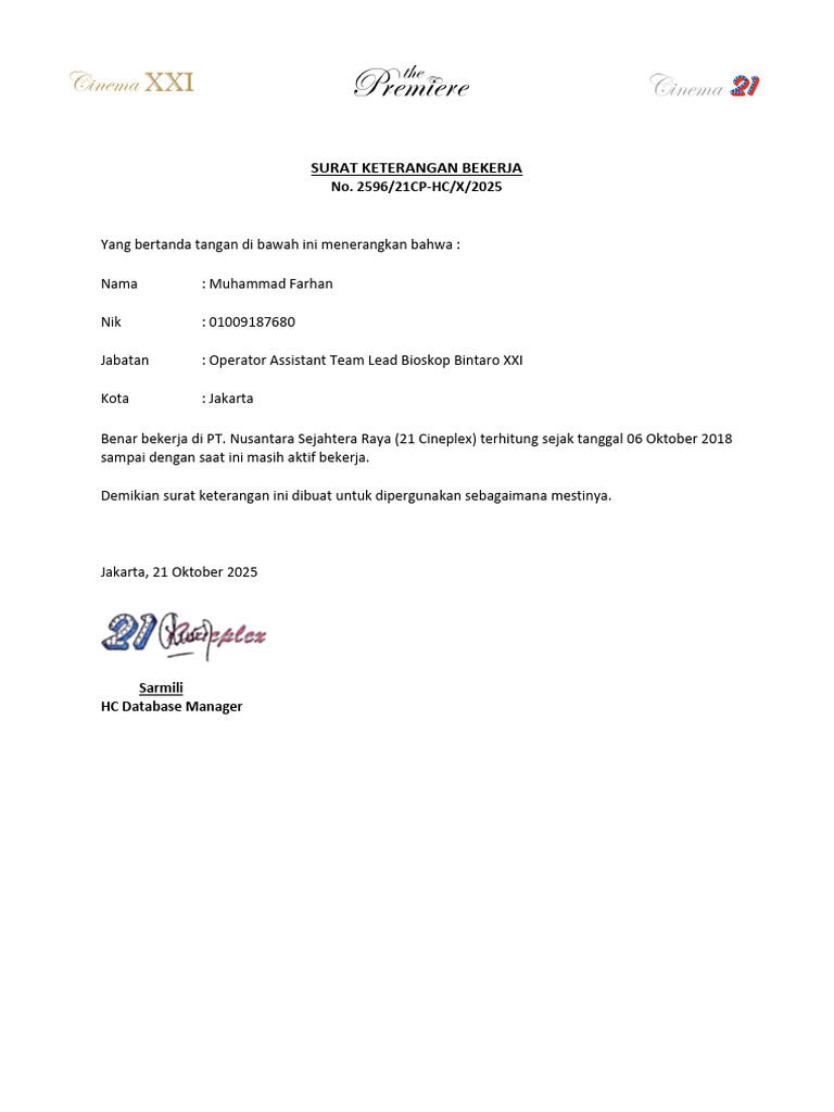 Surat Keterangan Kerja Muhammad Farhan | PDF