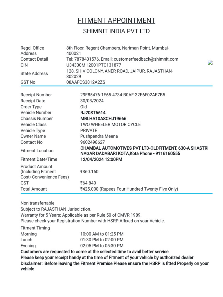 Splendor Pro 2012 Pushpendra New HSRP Plate Registration Receipt | PDF