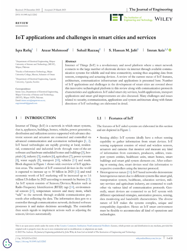IoT Applications and Challenges in Smart Cities and Services | PDF ...