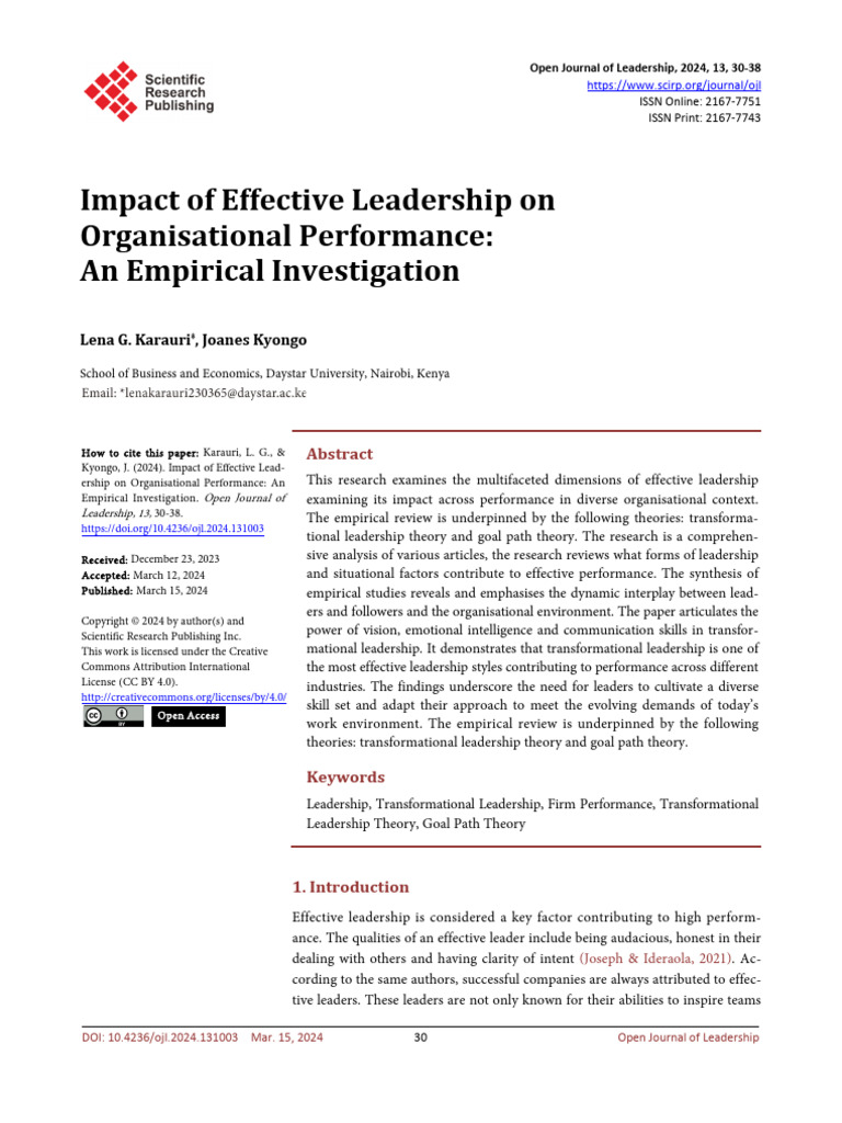 Impact of Effective Leadership On Organisational Performance - An ...