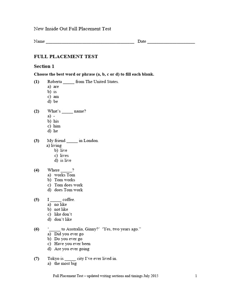 New Inside Out Full Placement Test Guide | PDF | Tourism