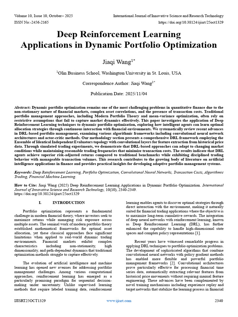 Deep Reinforcement Learning Applications in Dynamic Portfolio Optimization | PDF | Mathematical ...