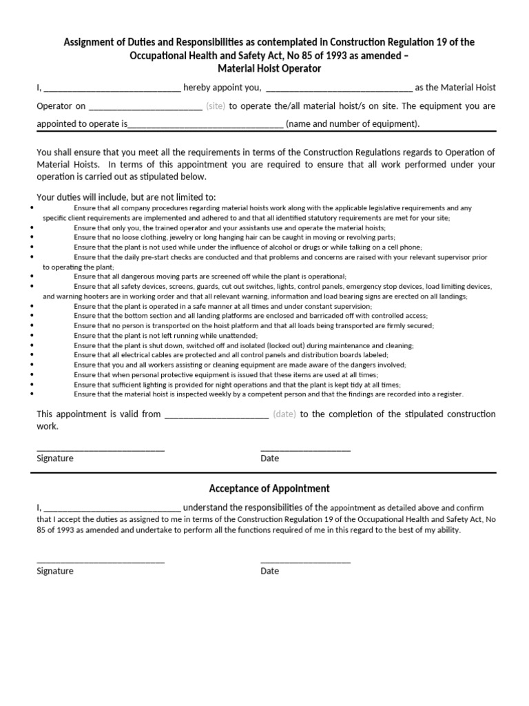 Material Hoist Operator Appointment Form | PDF | Occupational Safety ...