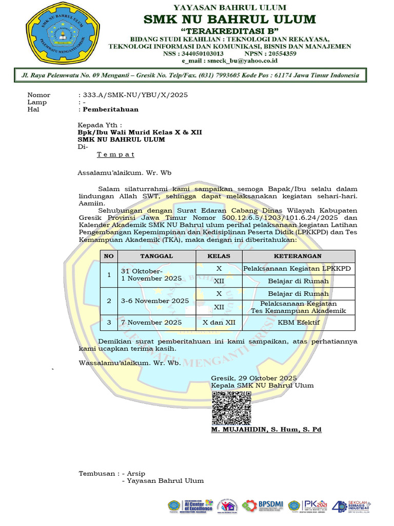 Surat Pemberitahuan Wali Murid Kelas x&Xii | PDF