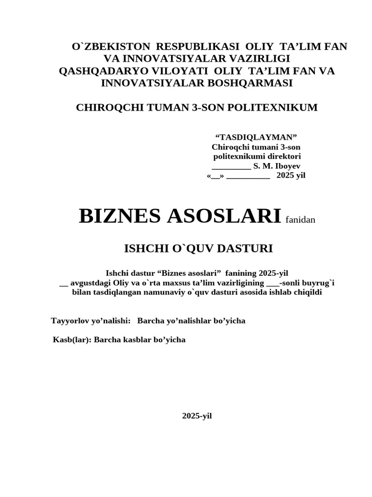 Biznes Asoslari Ishchi | PDF