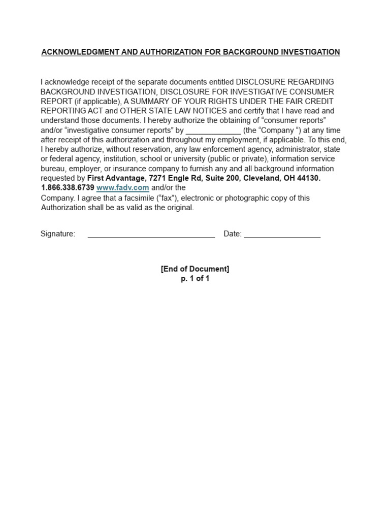 Background Investigation Authorization Form | PDF