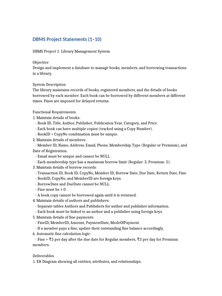 DBMS Project Ideas for Library & Food Delivery | PDF | Databases | Sql