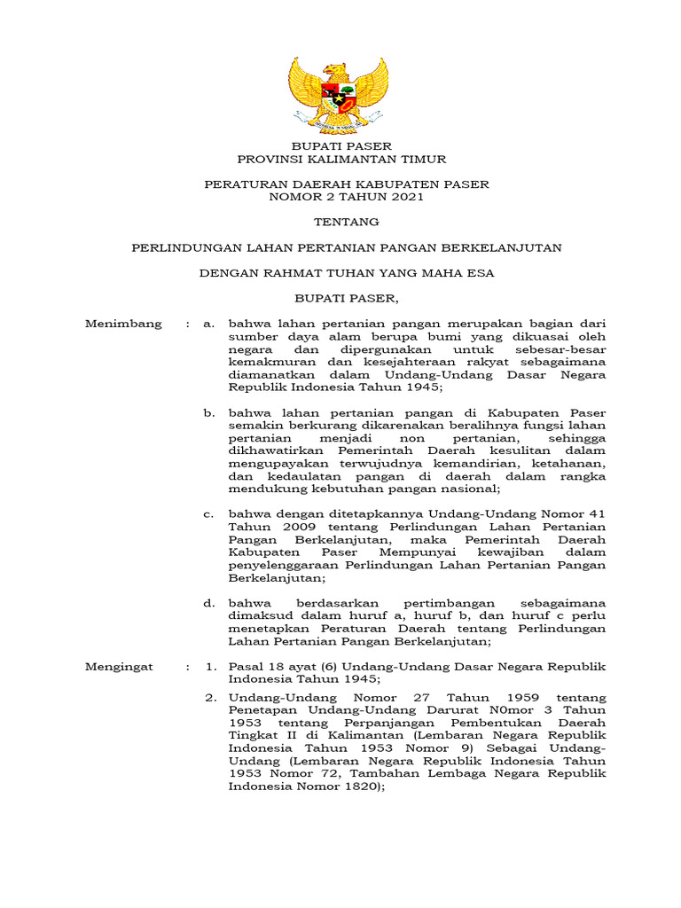 Perlindungan Lahan Pertanian Pangan Paser | PDF