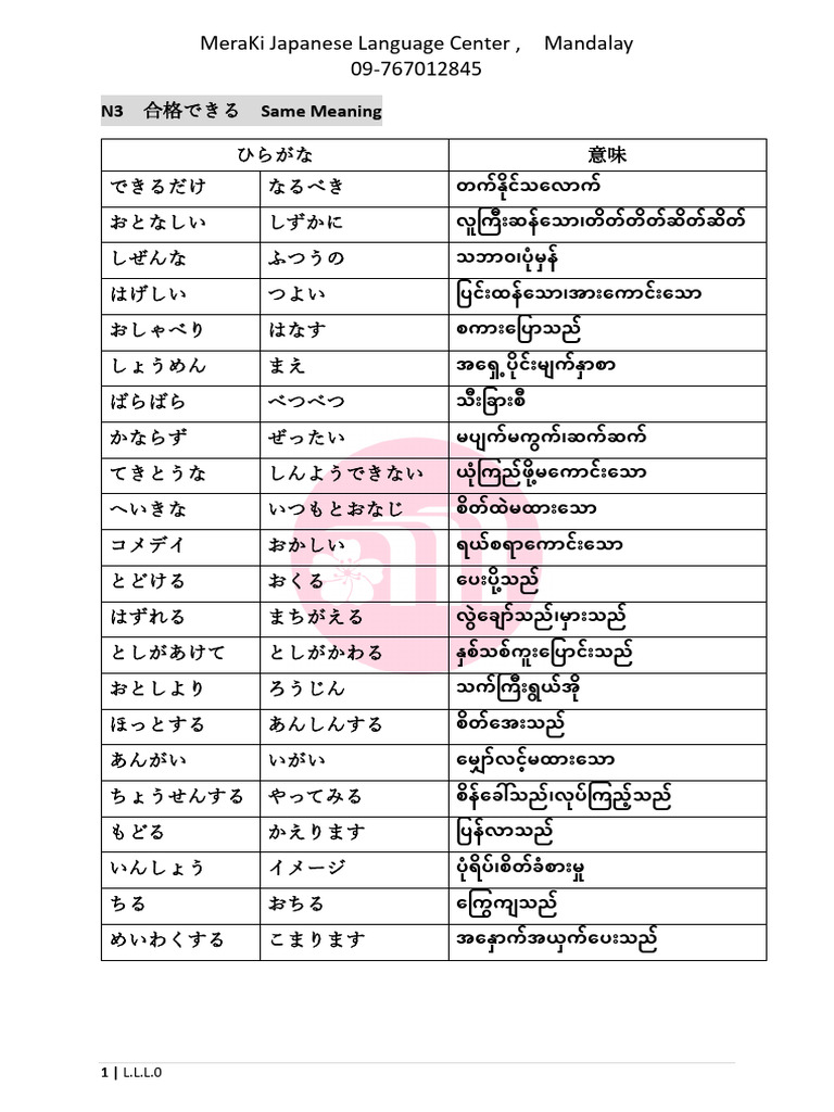 N3 Goukaku Dekiru Same Meaning by MeraKi JLC | PDF