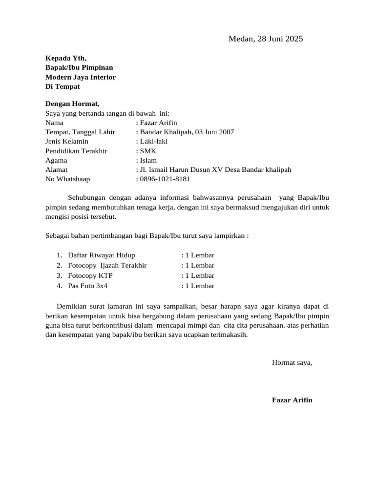 Lamaran & Daftar Riwayat Hidup Fazar Arifin | PDF