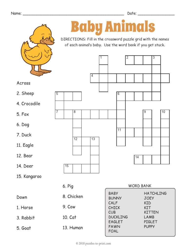 Baby Animals Crossword Puzzle | PDF