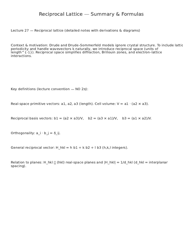 Reciprocal Lattice Fundamentals | PDF | Euclidean Vector | Mathematics