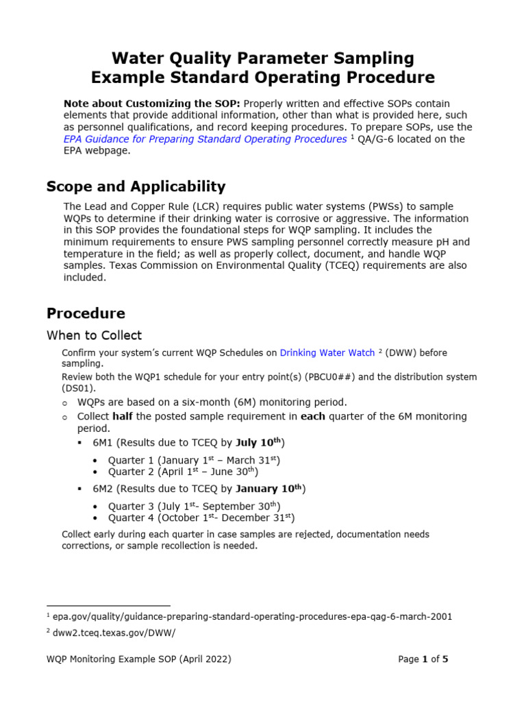 WQP Sampling SOP for Public Water Systems | PDF | Water Quality | Ph