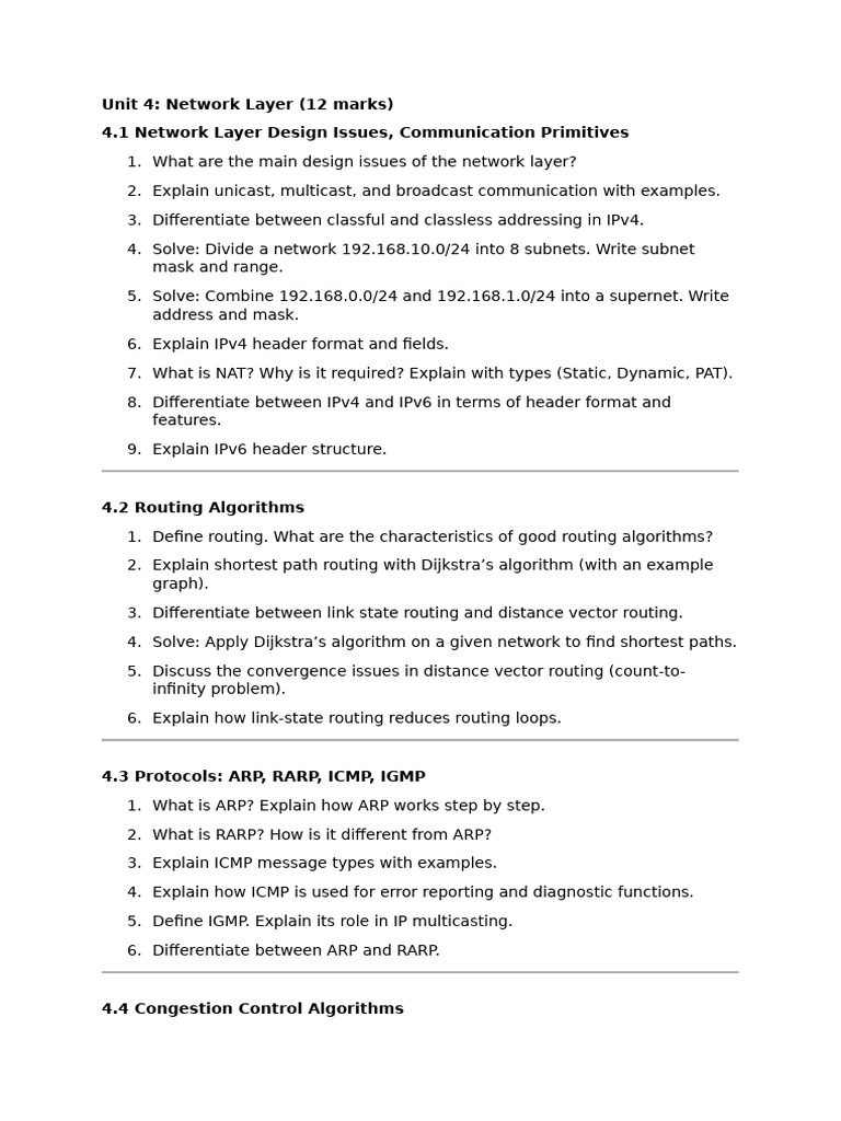 Unit 4: Network Layer (12 Marks) 4.1 Network Layer Design Issues ...