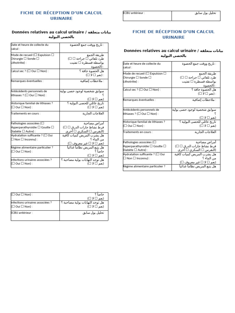 Fiche Reception Calcul Urinaire Bilingue | PDF