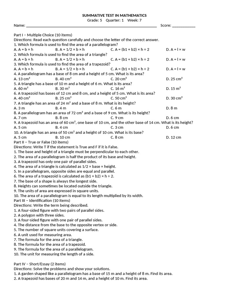 Grade 5 Math Summative Test Guide | PDF | Area | Triangle