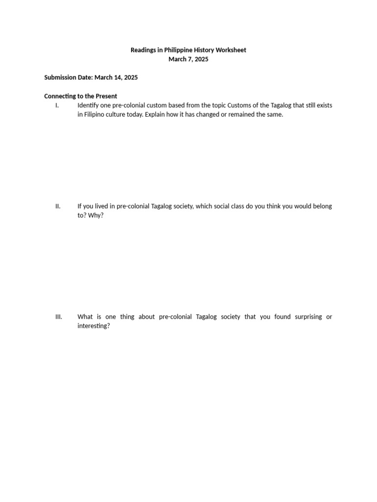 Philippine History Worksheet: Tagalog Customs | PDF
