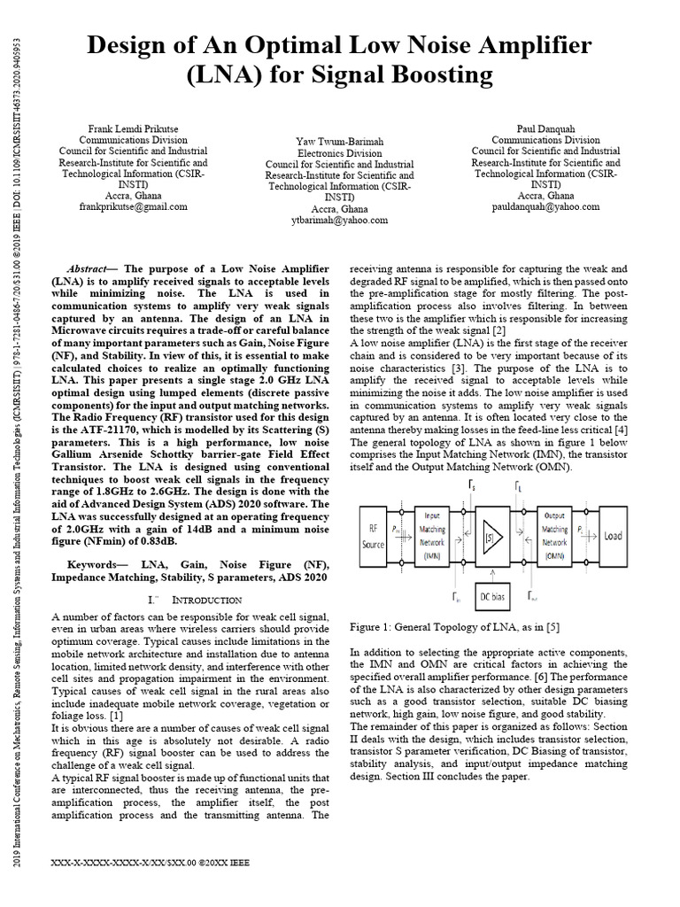 Design of An Optimal Low Noise Amplifier LNA For Signal Boosting | PDF ...