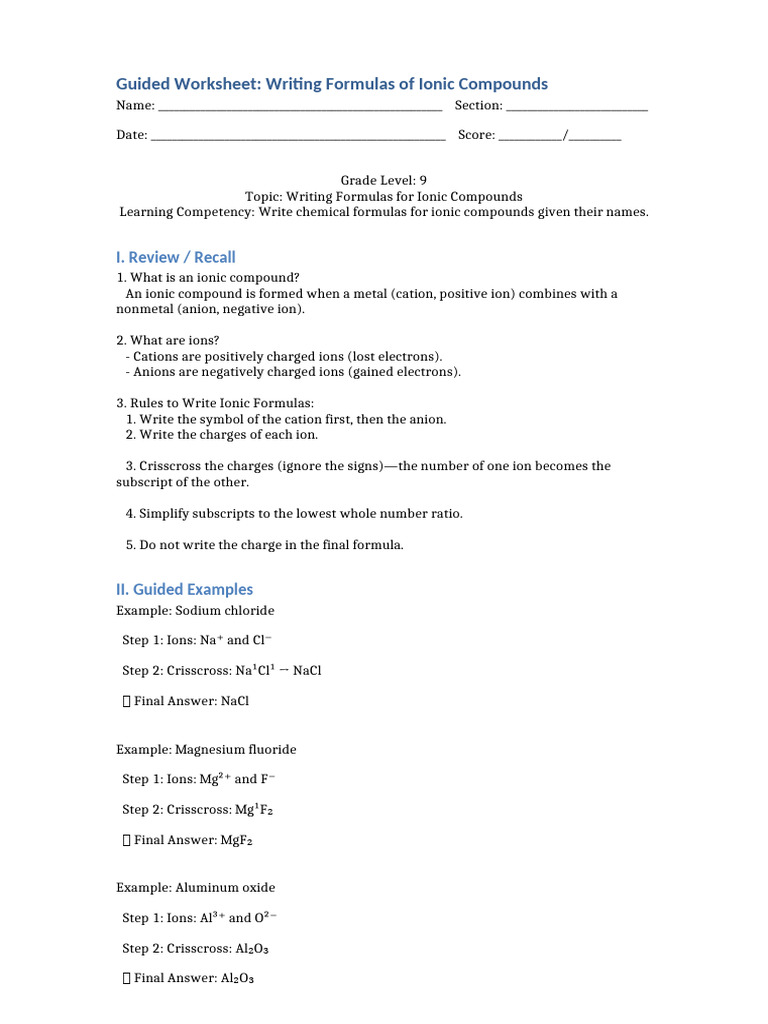 Ionic Compounds Formula Worksheet | PDF | Ion | Salt (Chemistry)
