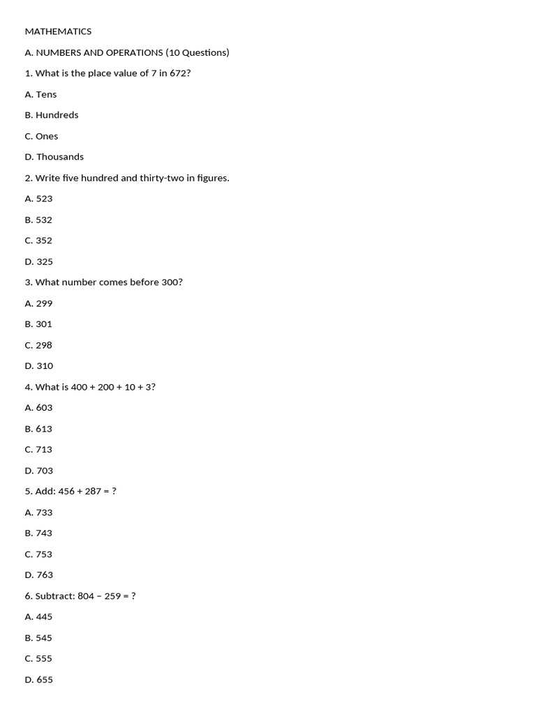 Mathematics Quiz: Numbers, Measurement, Geometry | PDF | Litre | Rectangle