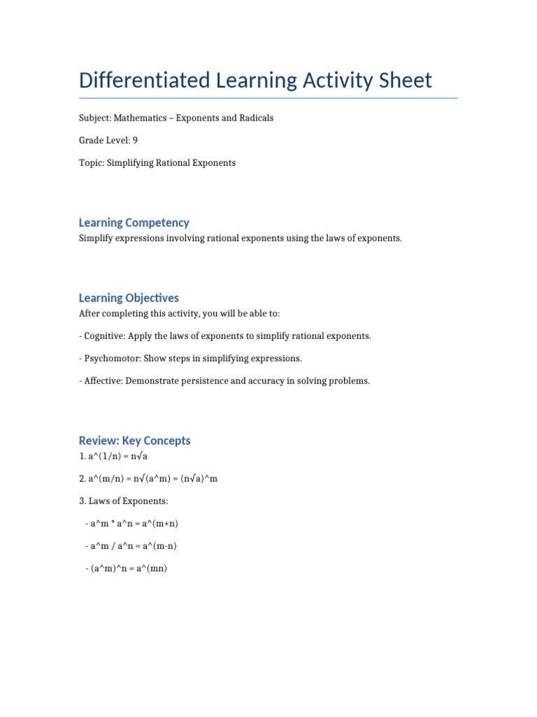 Differentiated LAS Simplifying Rational Exponents | PDF