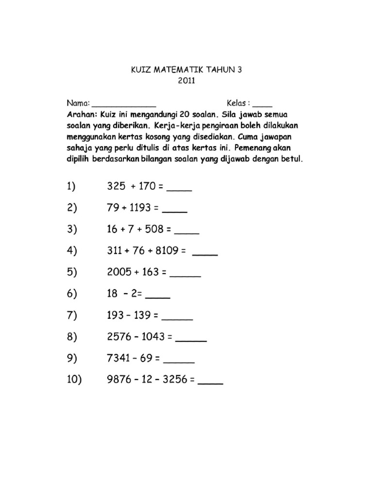 Kuiz Matematik Tahun 3 | PDF