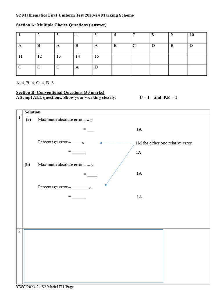 S2 MA UT1!23!24 MSPastPaperSolution | PDF | Quartile