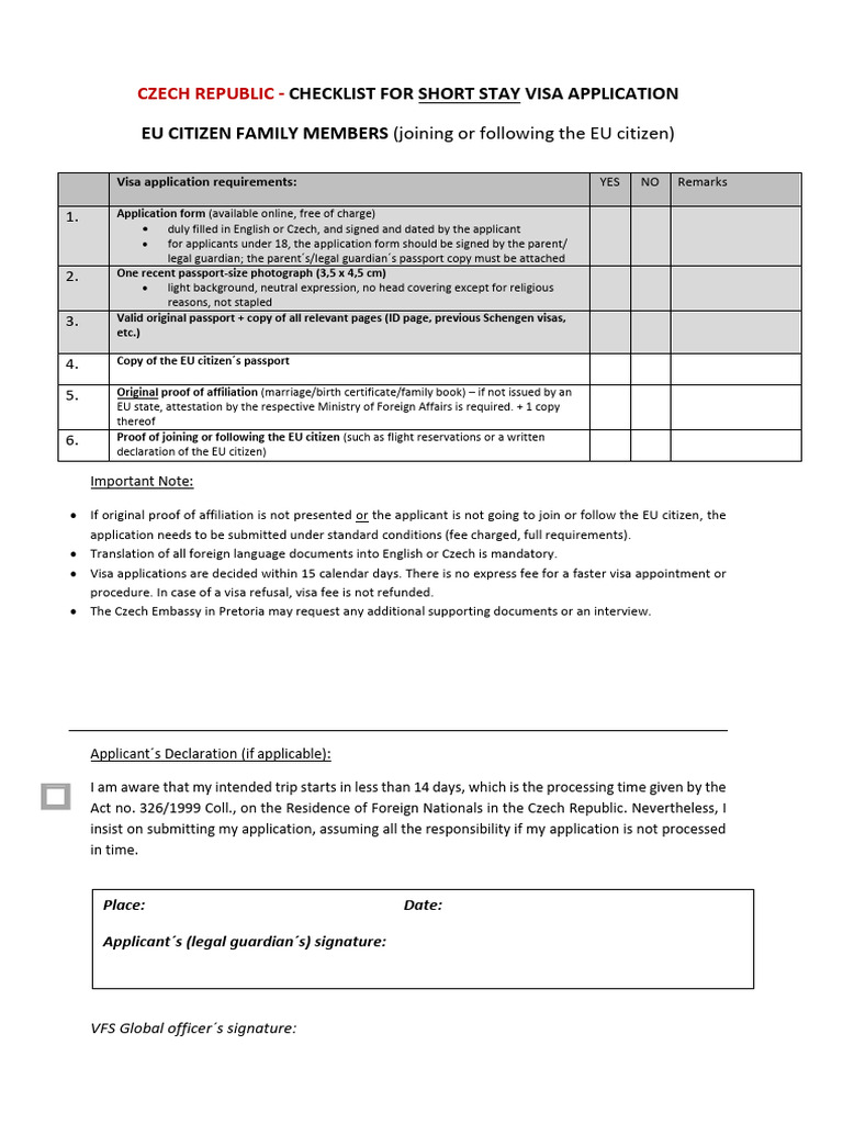 Checklist For Schengen Visa Application Eu | PDF
