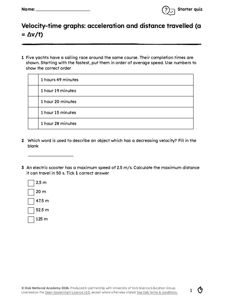 Velocity-Time Graphs Starter Quiz | PDF