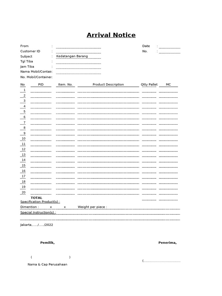 Arrival Notice for Goods Delivery | PDF