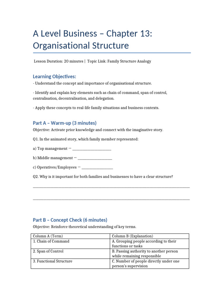 Organisational Structure Worksheet A Level Business | PDF ...